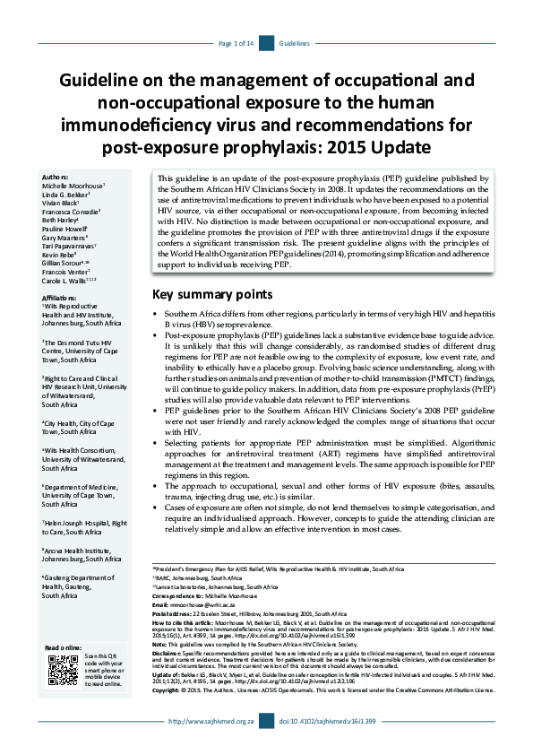 (PDF) Guideline on the management of occupational and non-occupational exposure to the human ...