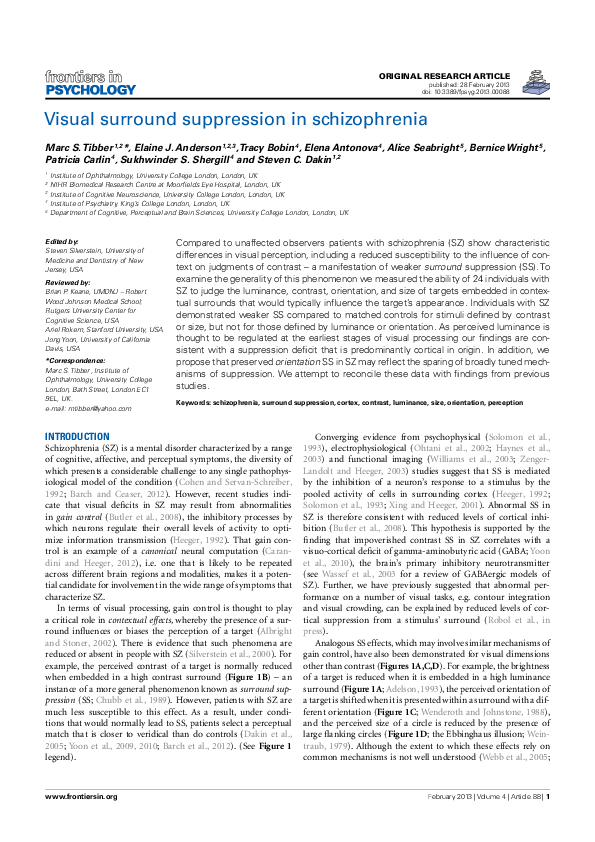 (PDF) Visual Surround Suppression in Schizophrenia | Patricia Carlin - Academia.edu