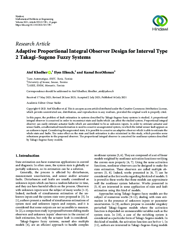 Pdf Adaptive Proportional Integral Observer Design For Interval Type 2 Takagi Sugeno Fuzzy Systems