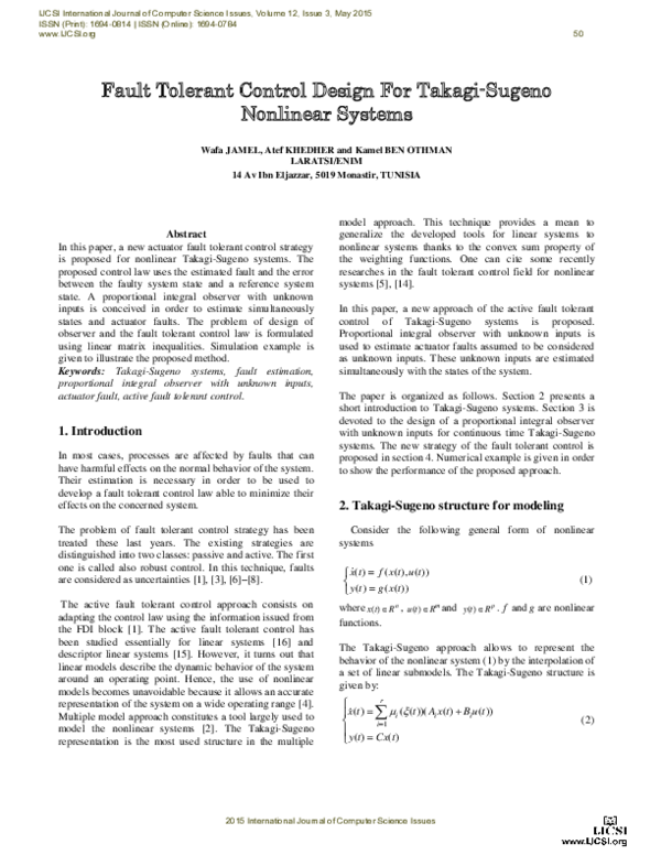 Pdf Fault Tolerant Control Design For Takagi Sugeno Nonlinear Systems Atef Khedher 1115