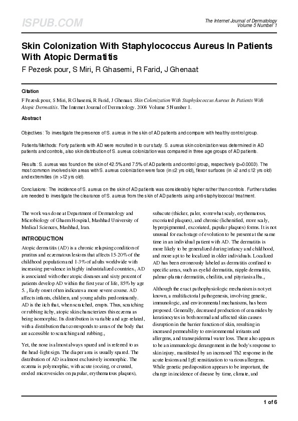 (PDF) Skin Colonization With Staphylococcus Aureus In Patients With Atopic Dermatitis
