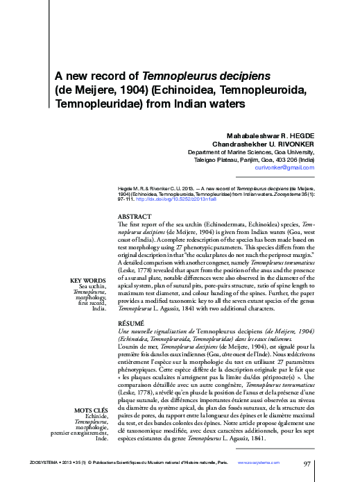 (PDF) A New Record of Temnopleurus decipiens (de Meijere, 1904 ...