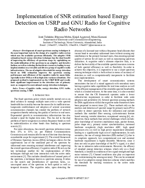 (PDF) SNR-Based Energy Detection for Cognitive Radios
