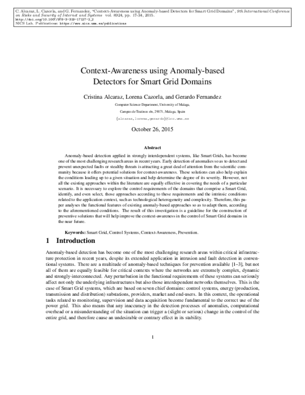 (PDF) Context-Awareness Using Anomaly-Based Detectors for Smart Grid Domains | Cristina Alcaraz ...