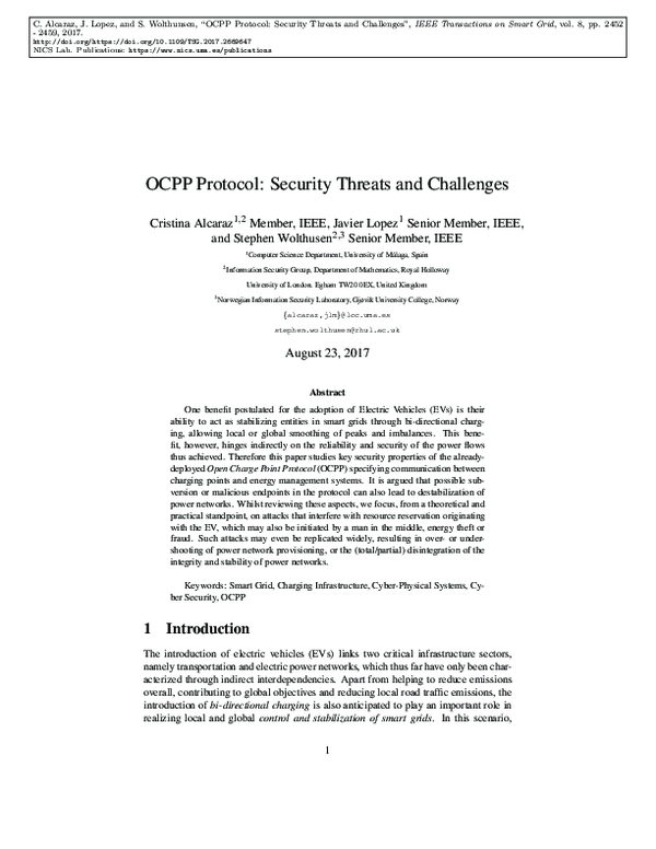 (PDF) OCPP Protocol: Security Threats and Challenges