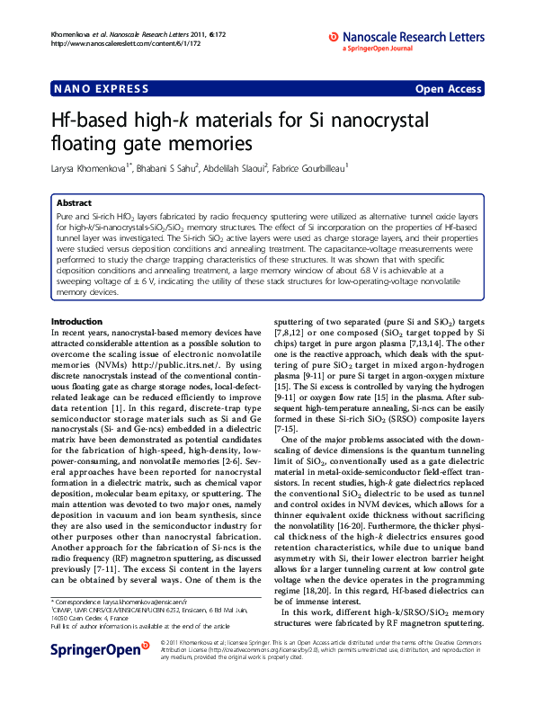(PDF) Hf-based high-k materials for Si nanocrystal floating gate memories