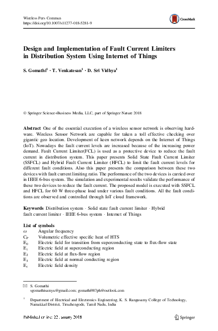 Pdf Design And Implementation Of Fault Current Limiters In Distribution System Using Internet