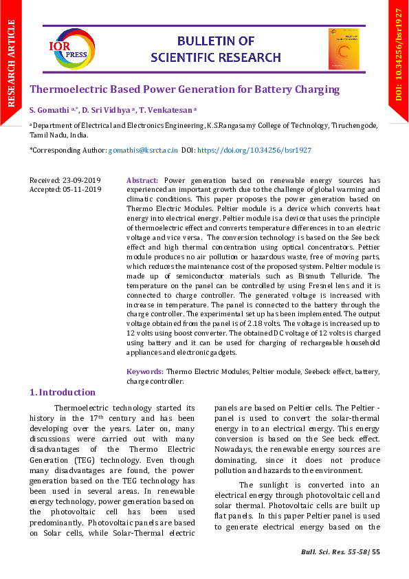 (PDF) Thermoelectric Based Power Generation for Battery Charging