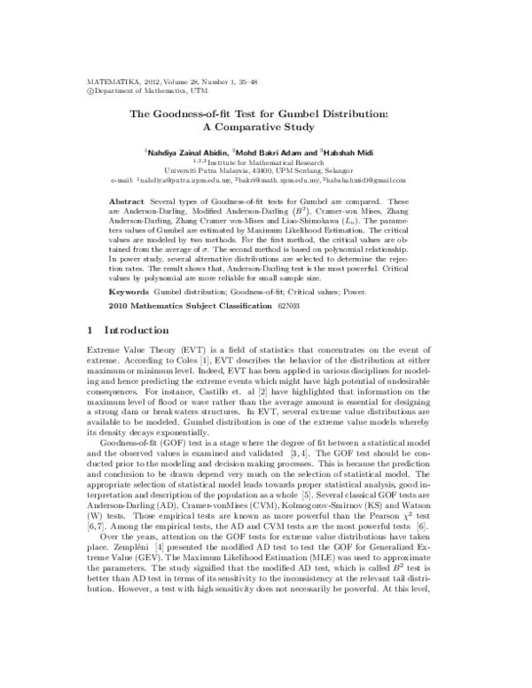 (PDF) The Goodness-of-fit Test for Gumbel Distribution: A Comparative Study