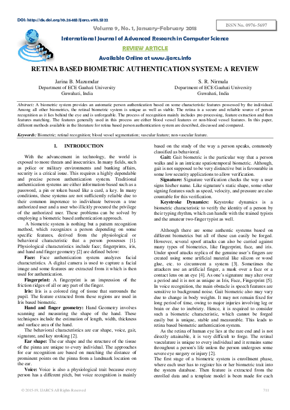 (PDF) Retina Based Biometric Authentication System: A Review