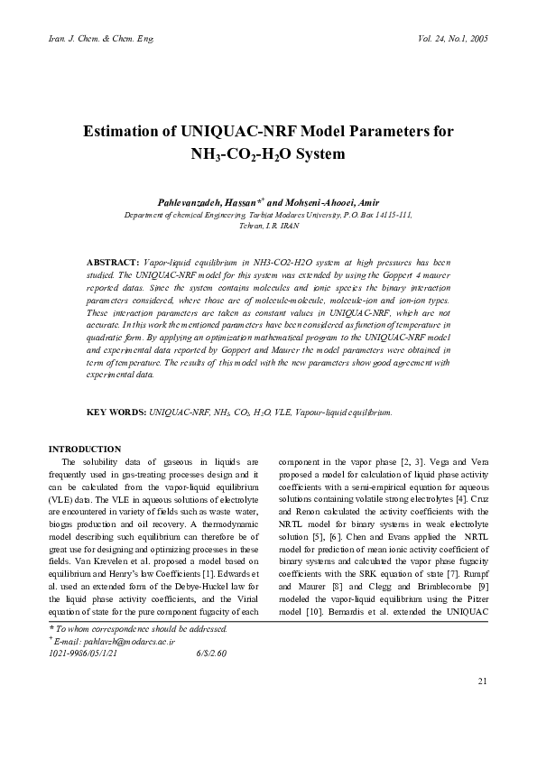 Pdf Estimation Of Uniquac Nrf Model Parameters For Nh3 Co2 H2o System
