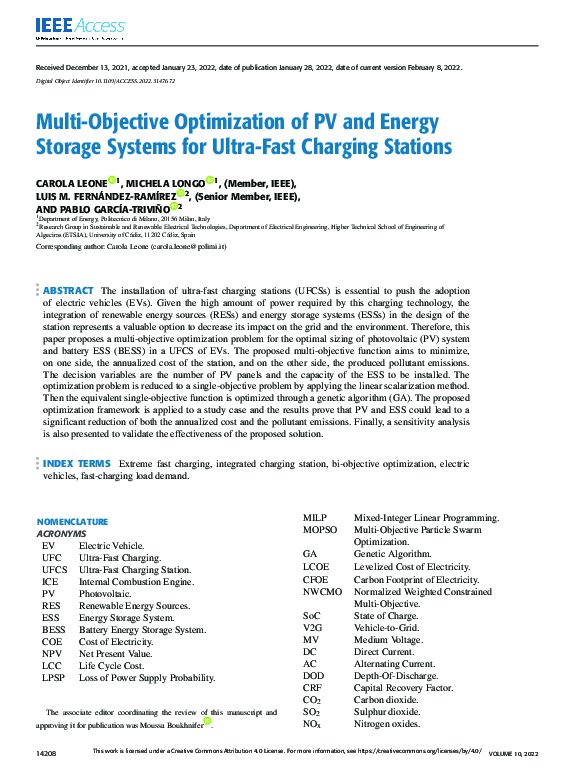 (PDF) Multi-Objective Optimization of PV and Energy Storage Systems for Ultra-Fast Charging Stations