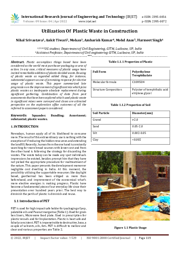 (PDF) Utilization Of Plastic Waste in Construction