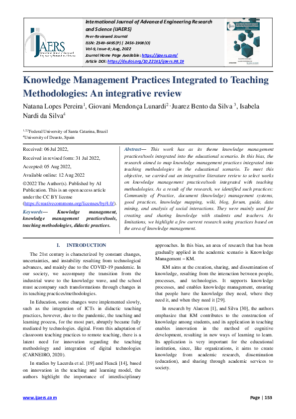 (PDF) Knowledge Management Practices Integrated to Teaching Methodologies: An integrative review