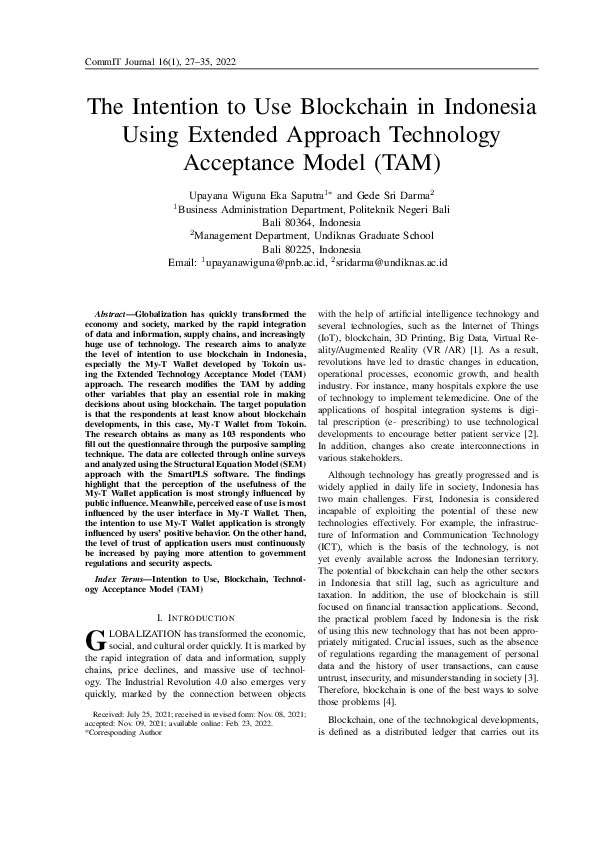 Pdf The Intention To Use Blockchain In Indonesia Using Extended Approach Technology Acceptance