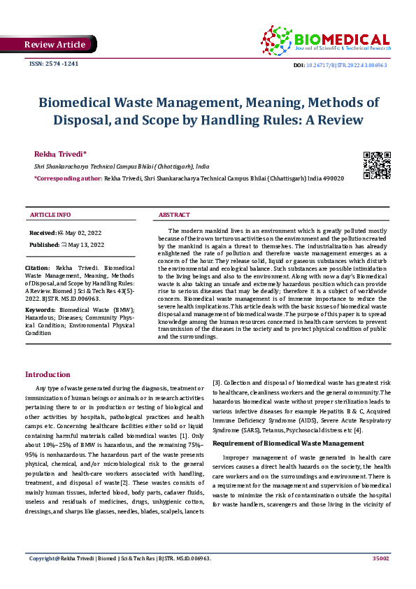 (PDF) Biomedical Waste Management, Meaning, Methods of Disposal, and ...