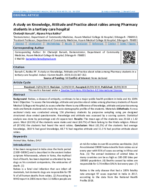 (PDF) A study on knowledge, attitude and practice about rabies among pharmacy students in a ...