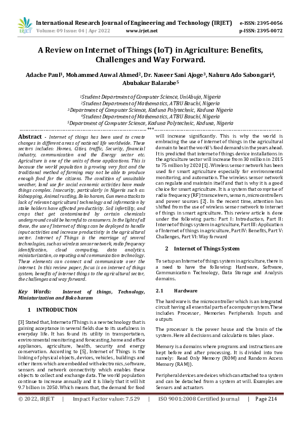 Pdf A Review On Internet Of Things Iot In Agriculture Benefits Challenges And Way Forward