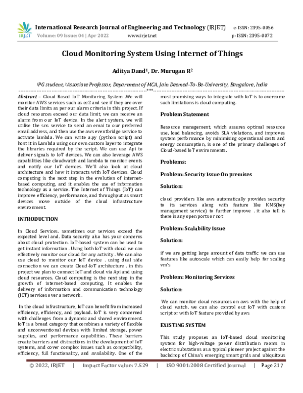 (PDF) Cloud Monitoring System Using Internet of Things