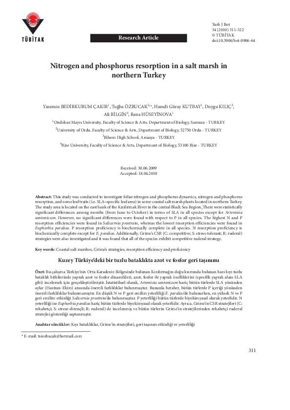 (PDF) Nitrogen and phosphorus resorption in a salt marsh in northern Turkey
