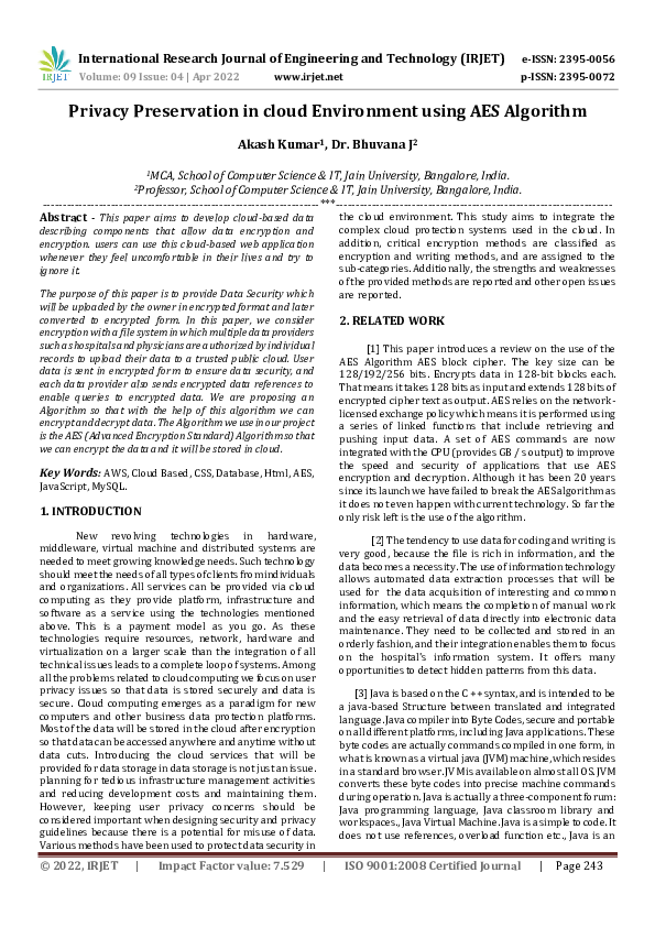 (PDF) Privacy Preservation in cloud Environment using AES Algorithm