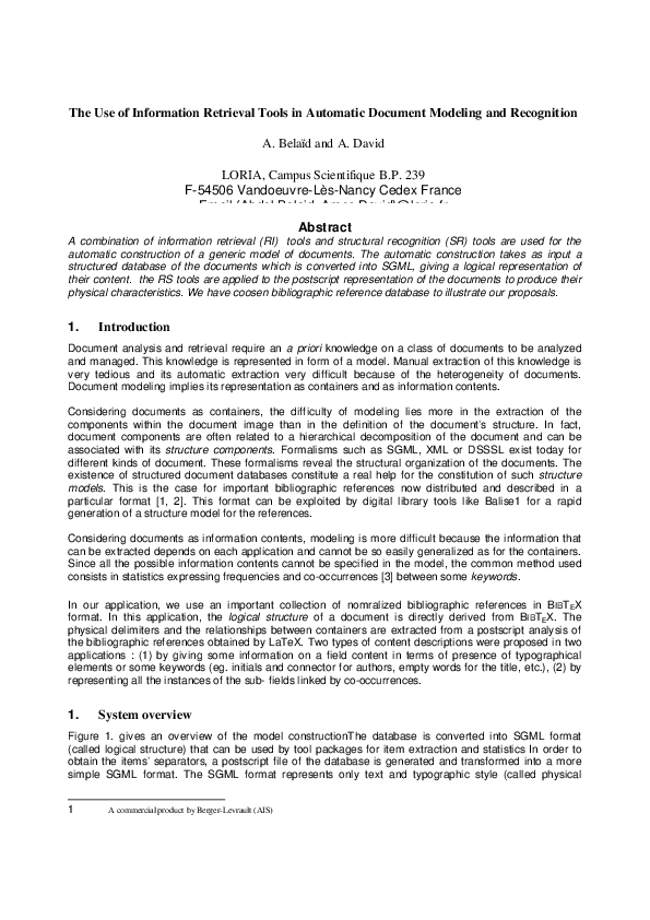 Pdf The Use Of Information Retrieval Tools In Automatic Document Modeling And Recognition