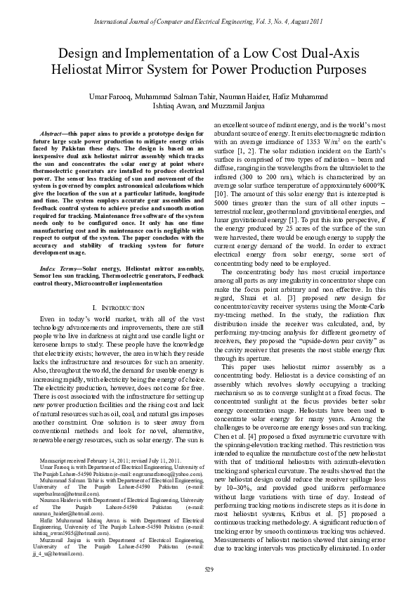 Pdf Design And Implementation Of A Low Cost Dual Axis Heliostat