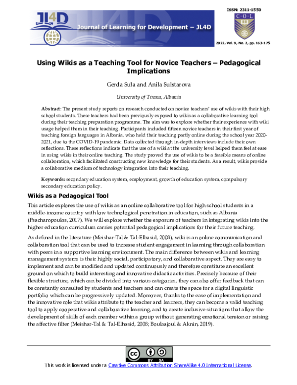 (PDF) Using Wikis as a Teaching Tool for Novice Teachers – Pedagogical ...