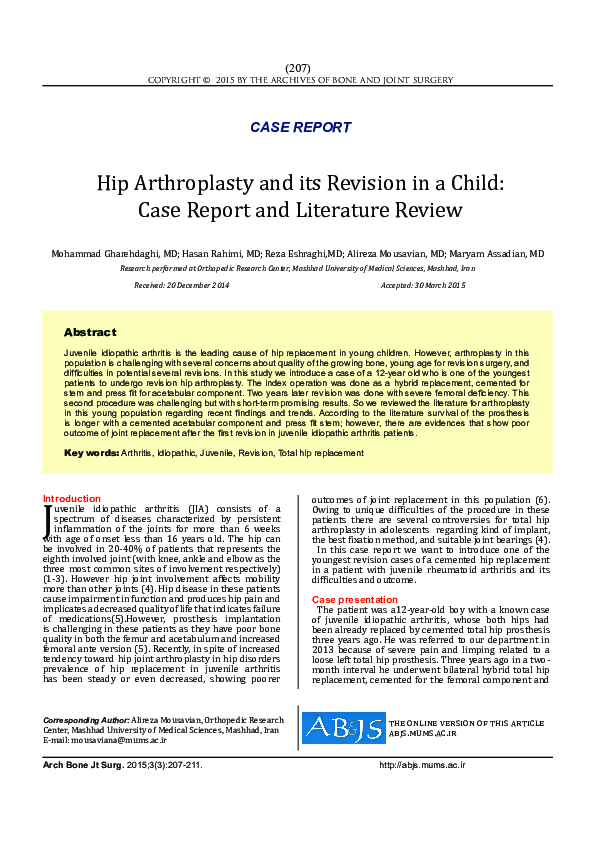 (PDF) Hip Arthroplasty and its Revision in a Child: Case Report and Literature Review