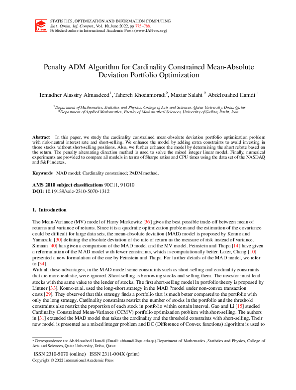 Pdf Penalty Adm Algorithm For Cardinality Constrained Mean Absolute Deviation Portfolio