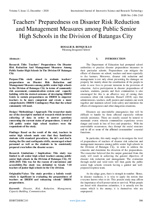 (PDF) Teachers’ Preparedness on Disaster Risk Reduction and Management ...