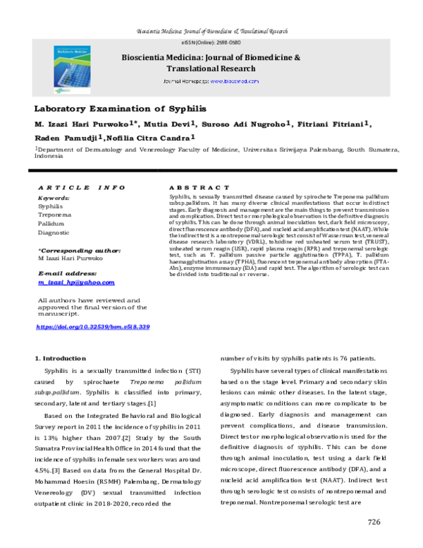 (PDF) Laboratory Examination of Syphilis