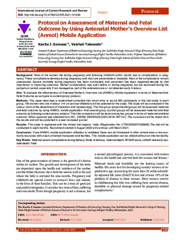 (PDF) Protocol on Assessment of Maternal and Fetal Outcome by Using Antenatal Mother’s Overview ...