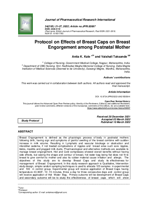 (PDF) Protocol on Effects of Breast Caps on Breast Engorgement among ...