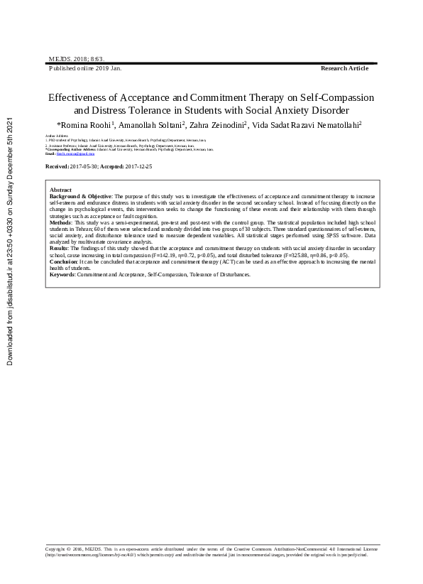 (PDF) Effectiveness of Acceptance and Commitment Therapy on Self-Compassion and Distress ...