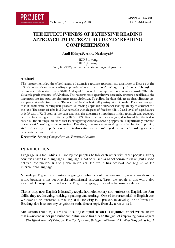 (PDF) The Effectiveness of Extensive Reading Approach to Improve Students’ Reading Comprehension