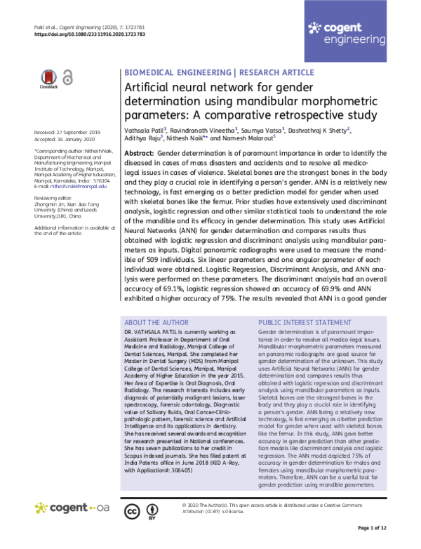 (PDF) Artificial neural network for gender determination using mandibular morphometric ...