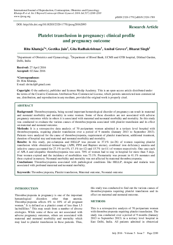 (PDF) Platelet transfusion in pregnancy: clinical profile and pregnancy ...