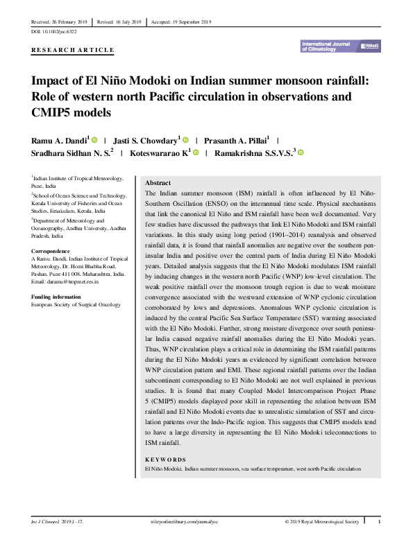 (PDF) Impact of El Niño Modoki on Indian summer monsoon rainfall: Role ...
