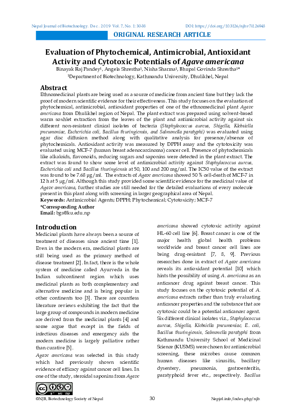 (PDF) Evaluation of Phytochemical, Antimicrobial, Antioxidant Activity and Cytotoxic Potentials ...