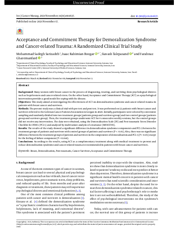 (PDF) Acceptance and Commitment Therapy for Demoralization Syndrome and ...