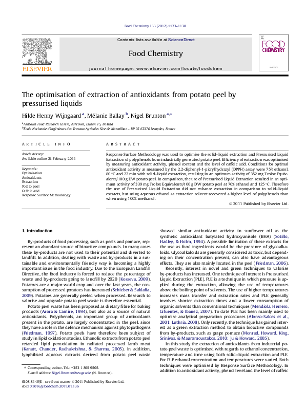 (PDF) The optimisation of extraction of antioxidants from potato peel by pressurised liquids