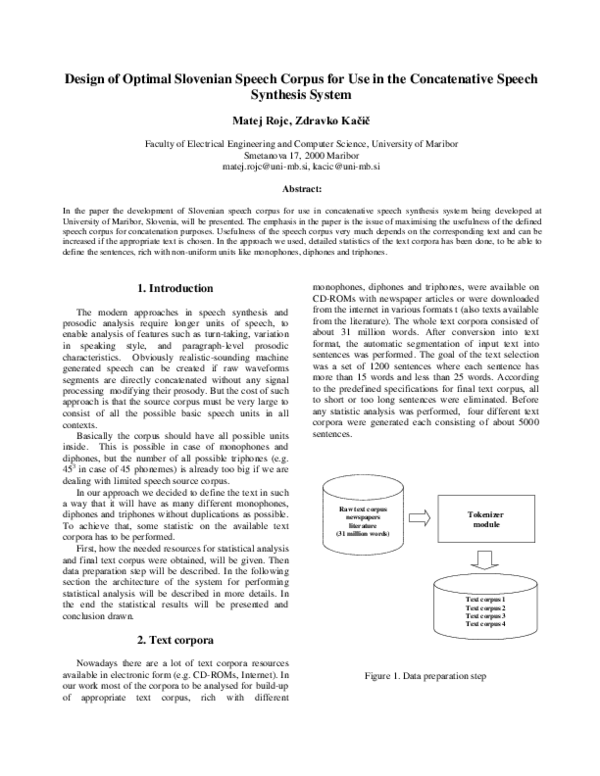 (PDF) Design of Optimal Slovenian Speech Corpus for Use in the Concatenative Speech Synthesis System