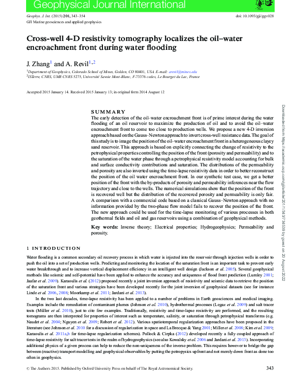 (PDF) Cross-well 4-D resistivity tomography localizes the oil–water ...