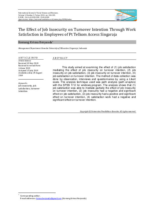 (PDF) The Effect of Job Insecurity on Turnover Intention Through Work Satisfaction in Employees ...