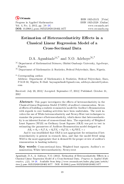 (PDF) Estimation of Heteroscedasticity Effects in a Classical Linear Regression Model of a Cross ...