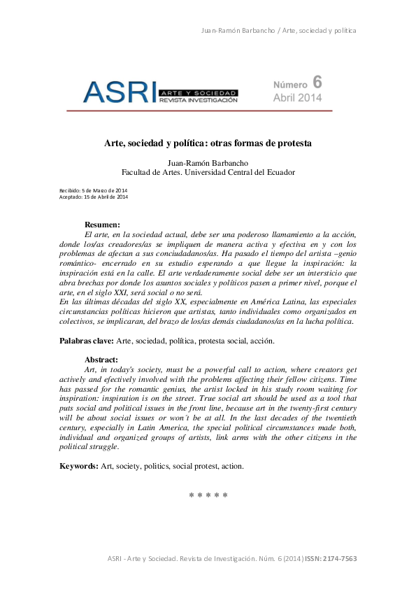 (PDF) Arte, sociedad y política: otras formas de protesta