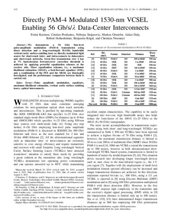 (PDF) Directly PAM-4 Modulated 1530-nm VCSEL Enabling 56 Gb/s/λ Data ...