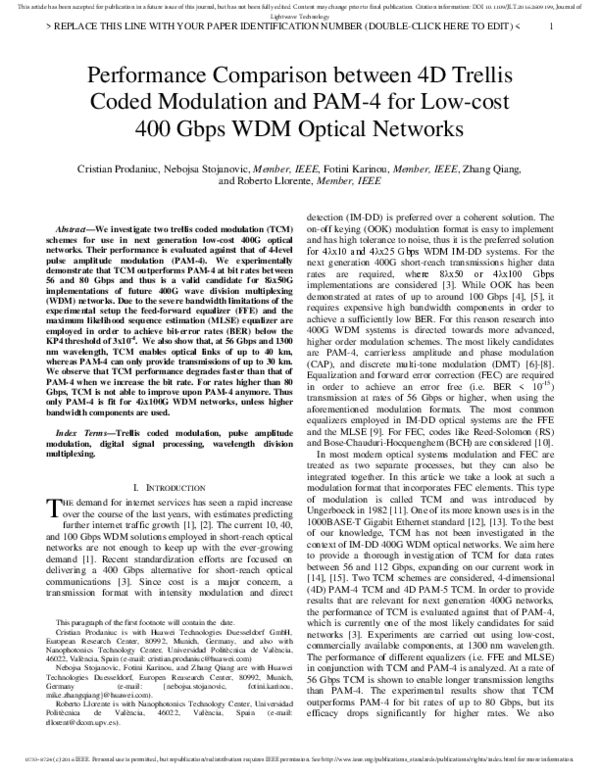 (PDF) Performance Comparison Between 4D Trellis Coded Modulation and PAM-4 for Low-Cost 400 Gbps ...