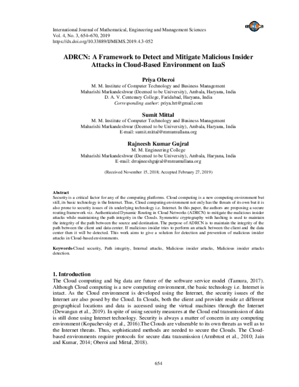 Adrcn A Framework To Detect And Mitigate Malicious Insider Attacks In Cloud Based Environment